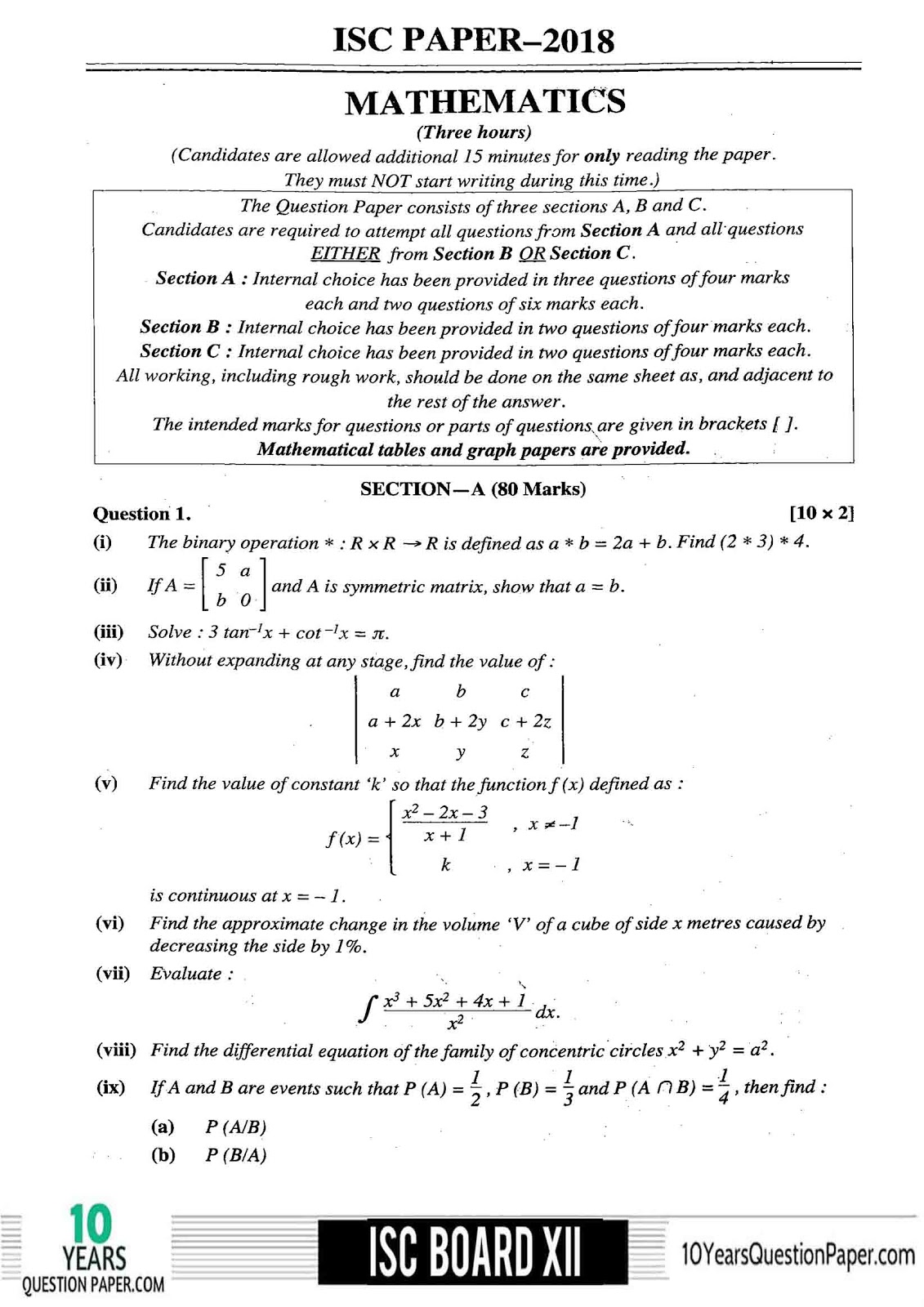 Isc Maths Sample Paper 2018 Class 12 Solved Examples Papers